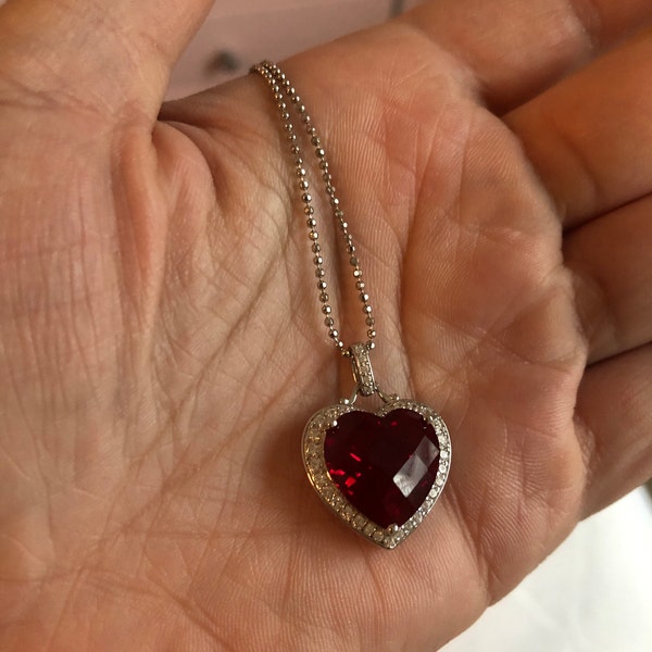 Lab Created Ruby Heart Pendant Necklace in Solid Silver 925 With 24 ...