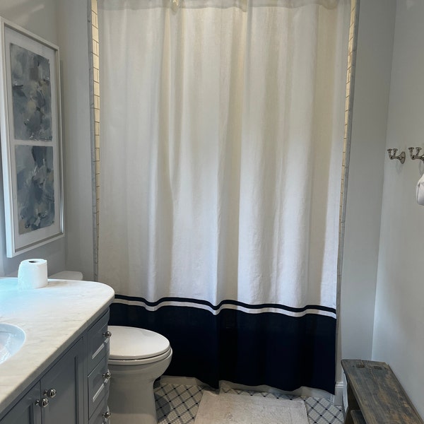 White Linen Shower Curtain Coin Grey Border and Strip Accent, Color ...