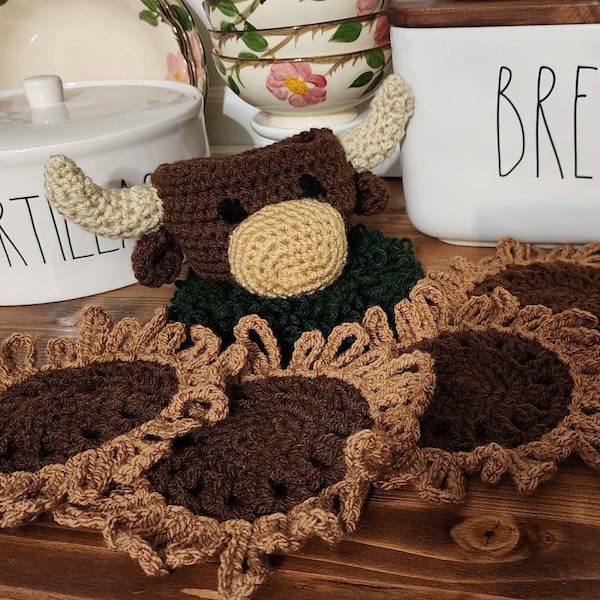 ORIGINAL Crochet Highland Cow Head Coaster Set - PDF Pattern - 4 ...