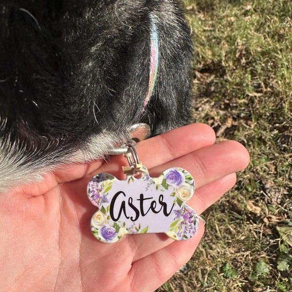 Purple Dog Tag, Custom Dog Tag, Floral Dog Tag, Floral Pet Tag Purple ...