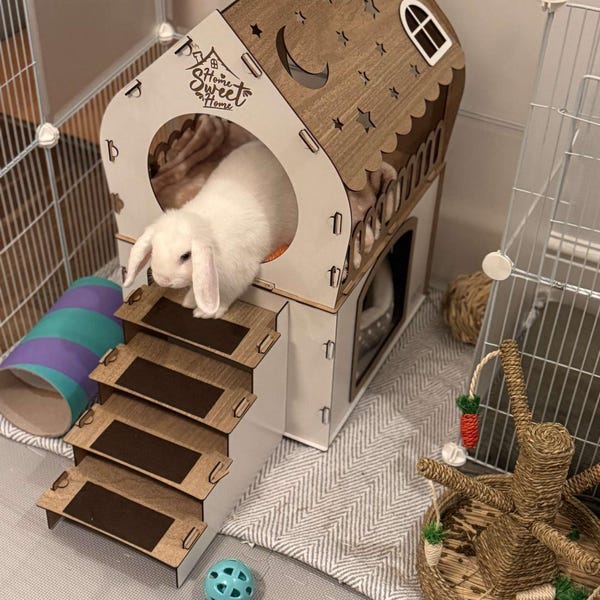 Wooden Rabbit House, Two Storey Rabbit Castle, Modern Rabbit Furniture ...