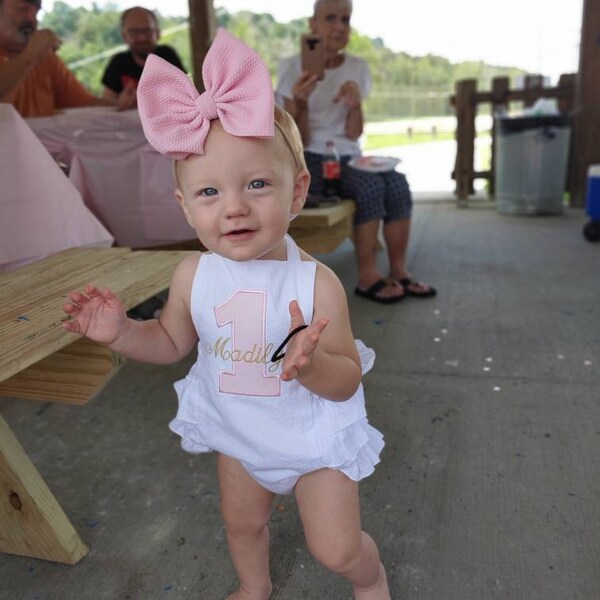 Pink and Gold Sunsuit Monogrammed, First Birthday Ruffle Bubble, White ...