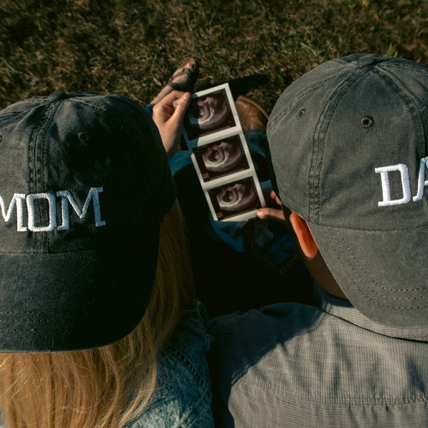 Baby Reveal MOM Hat, DAD Hat, EMBROIDERED Hat, Pigment Dyed Baseball ...