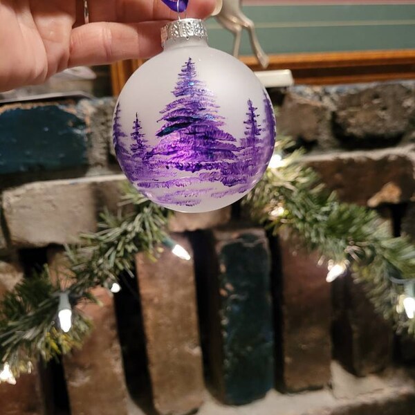 Light Blue Snowy Winter Mountain Scene Hand Painted Glass Christmas ...