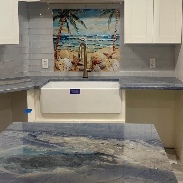 Palms and Seashells Ceramic Tile Backsplash, Beach Mosaic Mural - Etsy