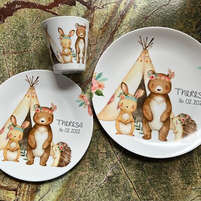 Kindergeschirr, personalisiert, Dschungeltiere, Kinderteller mit Namen, Taufgeschenk, Geschenk ...