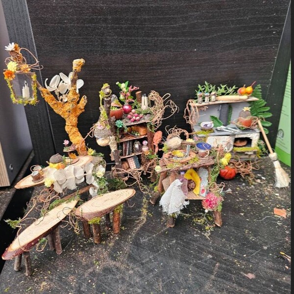 Fairy House Kitchen - Stove, Table With Stools and a Set of Shelves ...