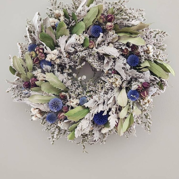 German Statice Wreath, Blue Globe Thistle Wreath, Dusty Miller Wreath ...