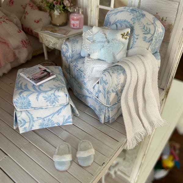 Miniature/dollhouse Shabby Chic Armchair, Ottoman and Optional Pillows ...
