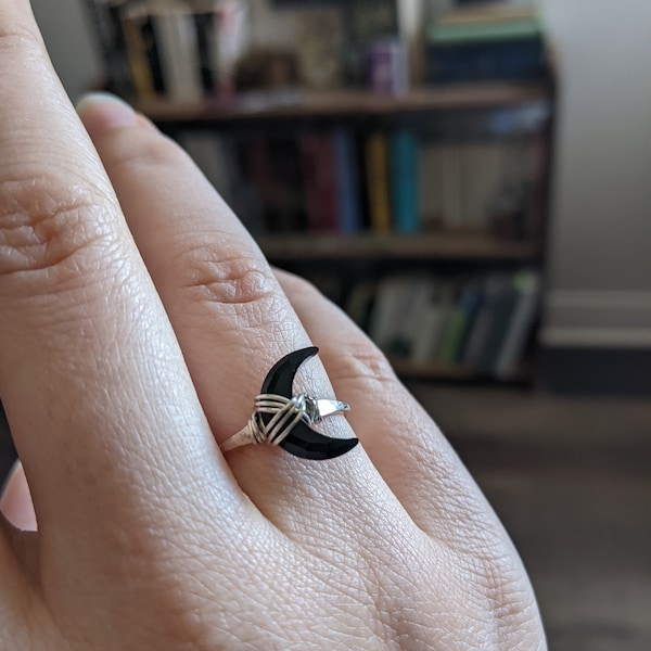 Moon Ring in Gold, Crescent Black Agate Stone, Wire Wrapped Bohemian ...