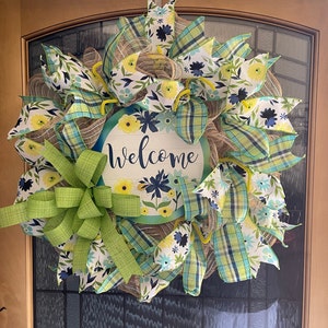 Welcome Floral Wreath Sign, Spring Summer Wreath Attachment, Teal Blue ...