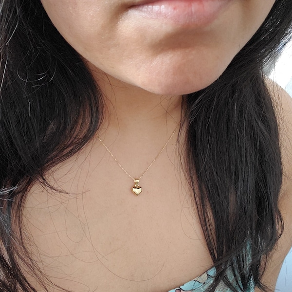 14K Gold Heart Necklace, Small Heart Necklace, Mini 3D Heart Pendant ...