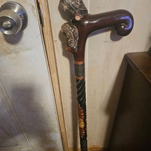 Wooden Cane Bat Carved Handle and Staff Wood Walking Stick Hand Carved ...
