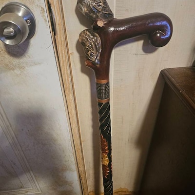 Wooden Cane Bat Carved Handle and Staff Wood Walking Stick Hand Carved ...