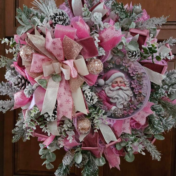 Pink Santa and Poinsettia Wreath Sign, Metal Wreath Sign, Christmas ...