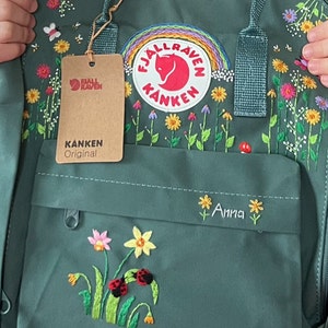 Hand Embroidery on Fjallraven Kanken Backpack With Flowers and Rainbow ...
