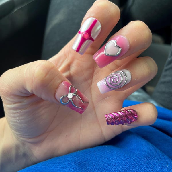 Freestyle 3D Pink & Purple Chrome Long Almond Press on Nails, Cute ...