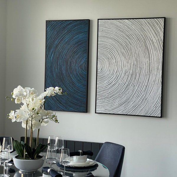 Set of 2: Navy Blue & Silver Circle Abstract Framed Art - Etsy