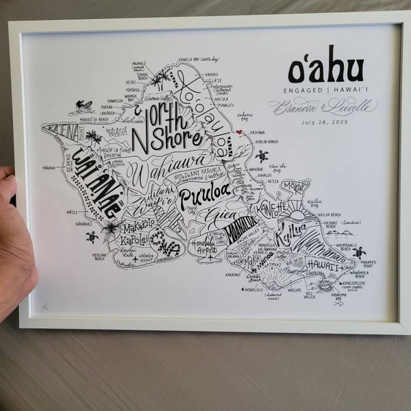 O'ahu, HI Illustrated Font Map Print - Oahu- Map of Oahu - Oahu Map ...