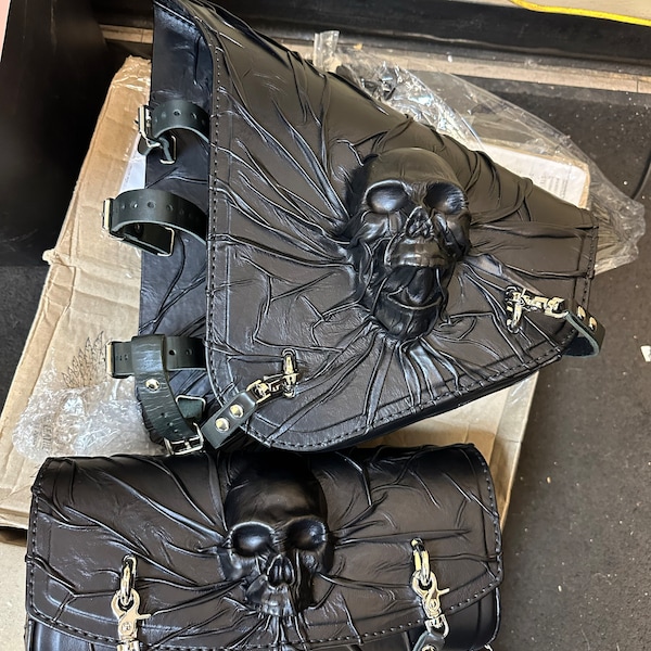 Motorcycle's Black Leather Swingarm Bag Skull, Handmade Leather Side ...