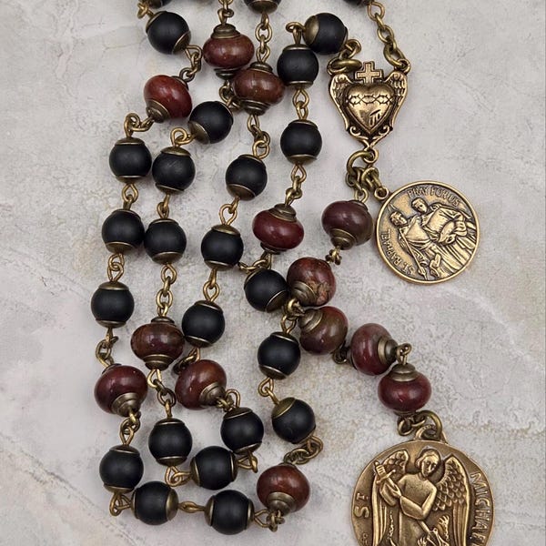 Jesus Mary Tween Hearts Rosary-peach Moonstone&vintage Bronze Prayer ...