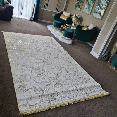 Gold Fur Carpet, Beige With Gold Feather Rug, Leather Sole Rug, Faux ...