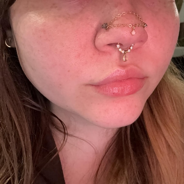Gold Double Nose Chain With Opal, 14k Gold Filled Nose Chain for Double ...