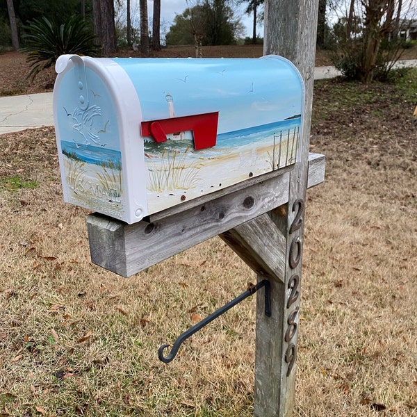 Painted Beach Themed Mailbox, Nautical Lighthouse Mailboxes, Seashore ...