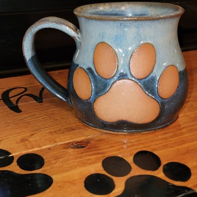 Paw Print Mug, Blue Drippy Paw Mug, Handmade Pottery Gift for Dog ...