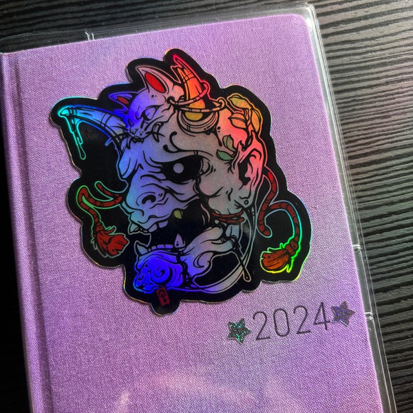 Japanese Hannya Mask Holographic Sticker - Weather-resistant Vinyl ...