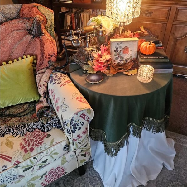 Forest Green Velvet Tablecloth With Fringe, Custom Size Retro Dining ...