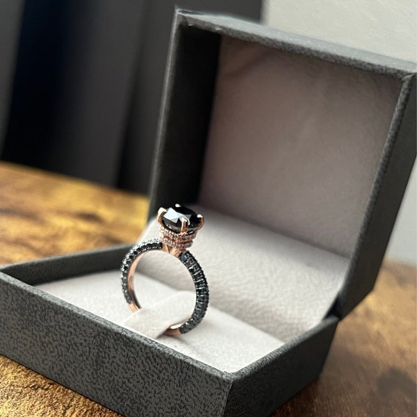 Black Engagement Ring, Square Black Natural Diamond, Three Sided Band ...