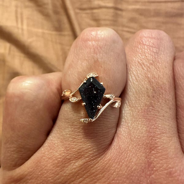 Vintage Blue Sandstone Ring, 18k Yellow Gold Leaf Solitaire Promise ...