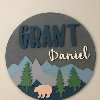 Mountain Scene Name Sign, Woodland Nursery Theme, Round 3D Nursery Name ...
