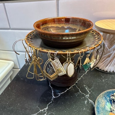 Ceramic Earring Holder With Dish in Waterfall Brown, Pottery Jewelry ...