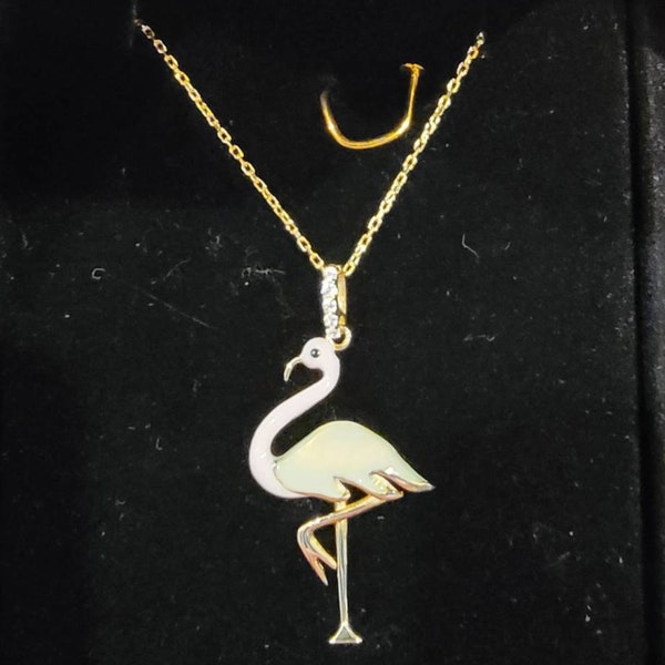 Gold Flamingo Necklace, 14K Solid Gold Pink Enamel Necklace, Pink ...