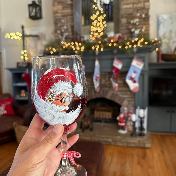 Hand Painted Santa Wine Glass - Etsy