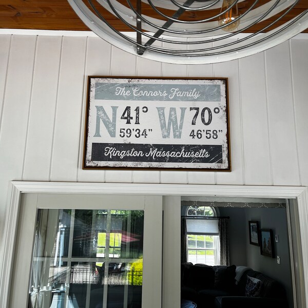 Nautical COORDINATES Sign > Distressed Blue Last Name Canvas ...