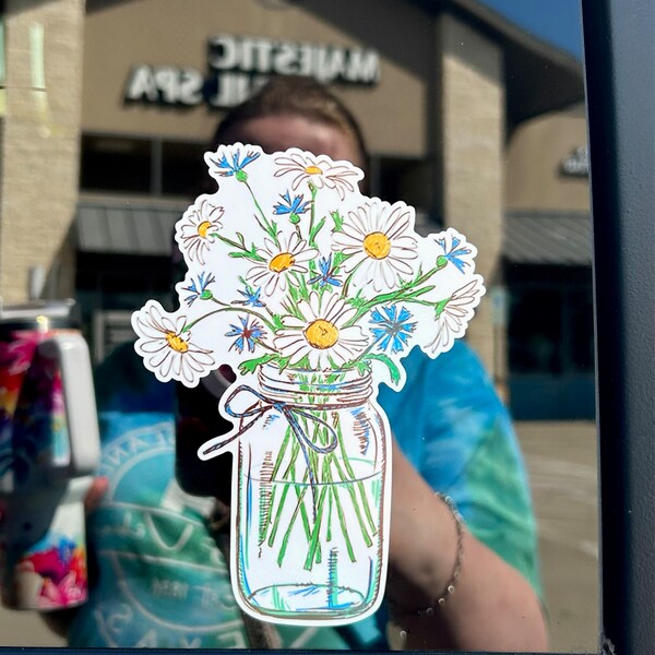 Daisy Flower in Glass Jar Sticker Full Color Golden Vinyl Decal Cup ...