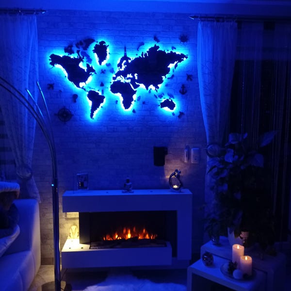 3D Map of the World With LED Lighting, 3D Wood Family Travel Map, Push ...