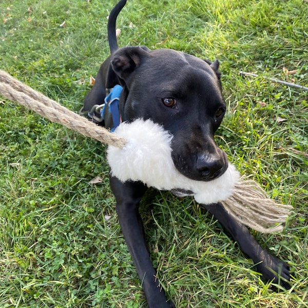 Natural Rabbit Fur and Linen Rope Dog Toy for Tug-of-war and Chasing ...