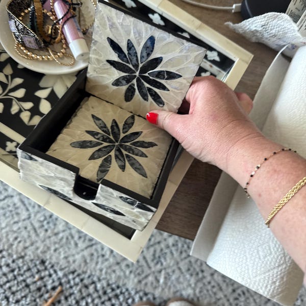 Sunshine Capiz Shell Inlay Round Coasters Set With Holder, 6 Coasters ...