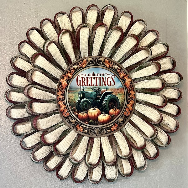 Round Fall Autumn Greetings Tractor Wreath Sign, Fall Farm Wreath Sign ...
