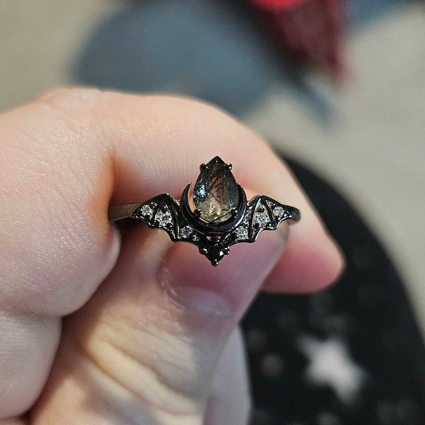 Vampire Black Rutilated Quartz Engagement Ring Gothic Black Gold Bat ...