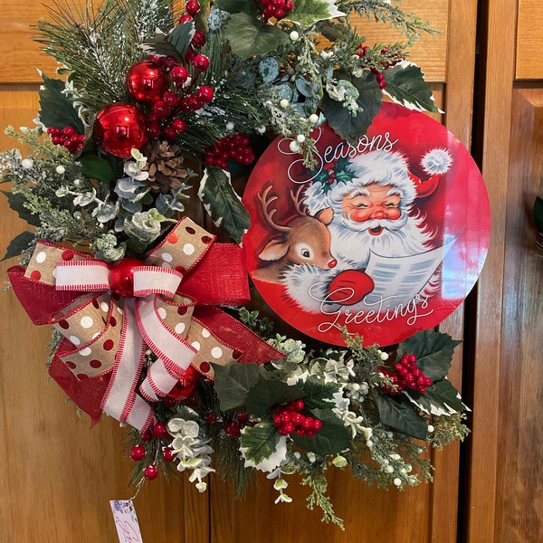 Wreath Sign, Santa Claus Wreath Sign, Retro Santa Christmas Wreath Sign ...