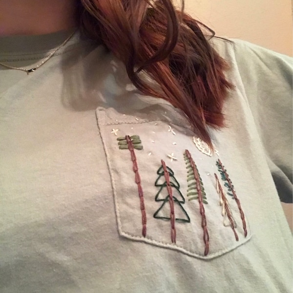 Spruce Trees Hand-embroidered Pocket Tee Shirt Unisex Short Sleeve - Etsy
