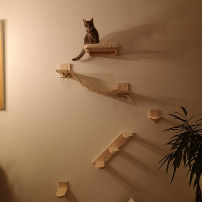 Pine Wood Cat Wall Post play Furniture Cat Shelves Includes Cat Bed ...