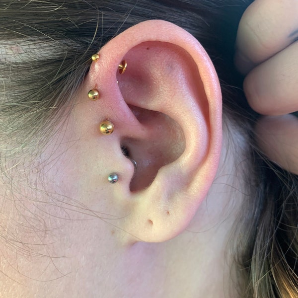 Gold Triple Forward Helix, 16g, 2mm 3mm 4mm Balls, Labret Studs, 6mm ...