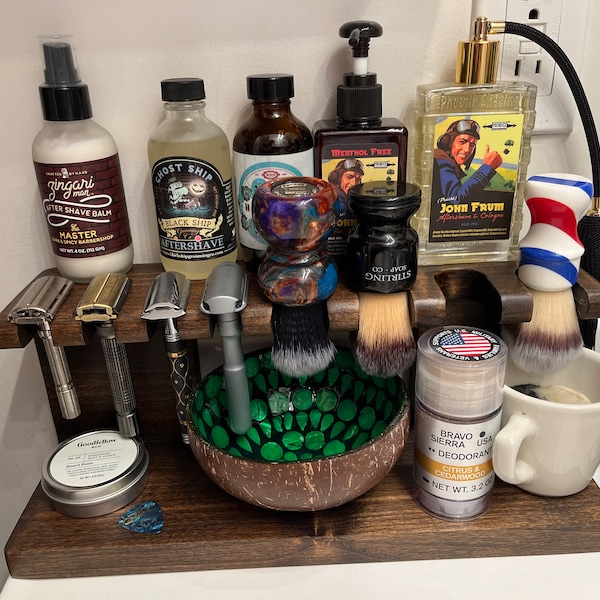 Safety Razor Shaving Brush Stand, Wood W/dark Cherry Stain up to 5 ...