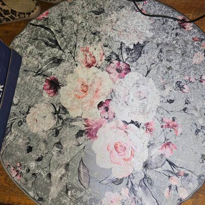 Black Rug With Flower, Pink Roses Non Slip Carpet, Stylish Washable ...